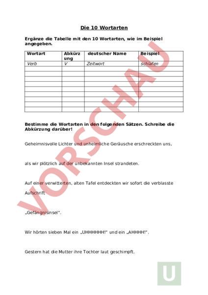 Arbeitsblatt: Wortarten - Deutsch - Grammatik