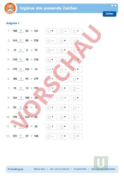 Arbeitsblatt: Ergänze das passende Zeichen - Mathematik - Zahlenbereiche