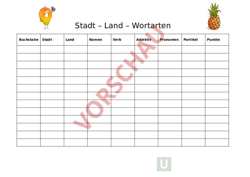 Arbeitsblatt: Stadt-Land-Wortarten - Deutsch - Grammatik