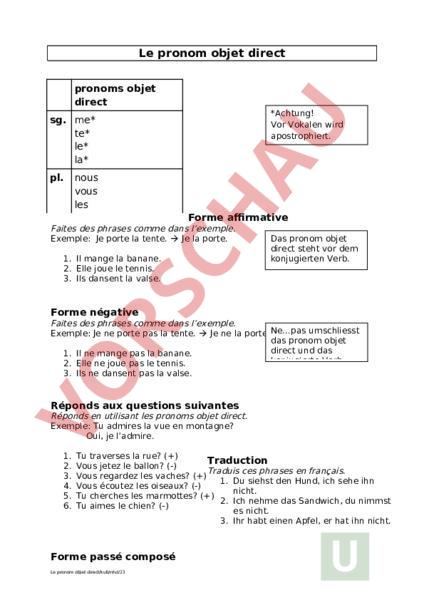 Arbeitsblatt: le pronom objet direct einfach erklärt - Französisch ...