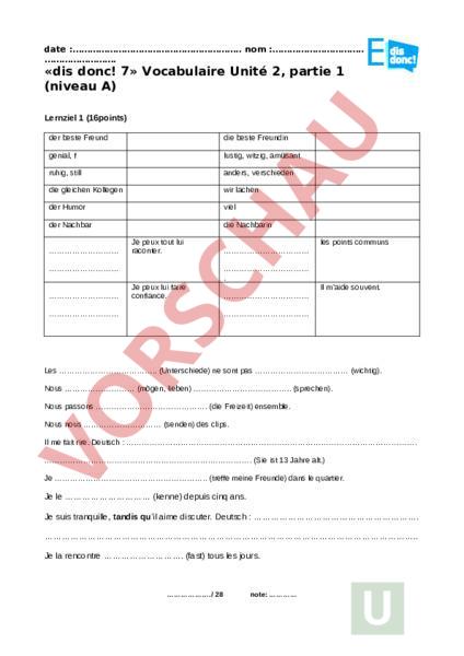 Arbeitsblatt: dis donc 7 unité 2 vocabulaire - Französisch - Wortschatz