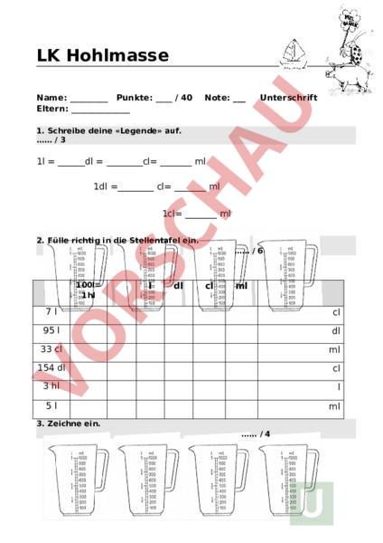Arbeitsblatt: Lk Hohlmasse - Mathematik - Sachrechnen / Grössen