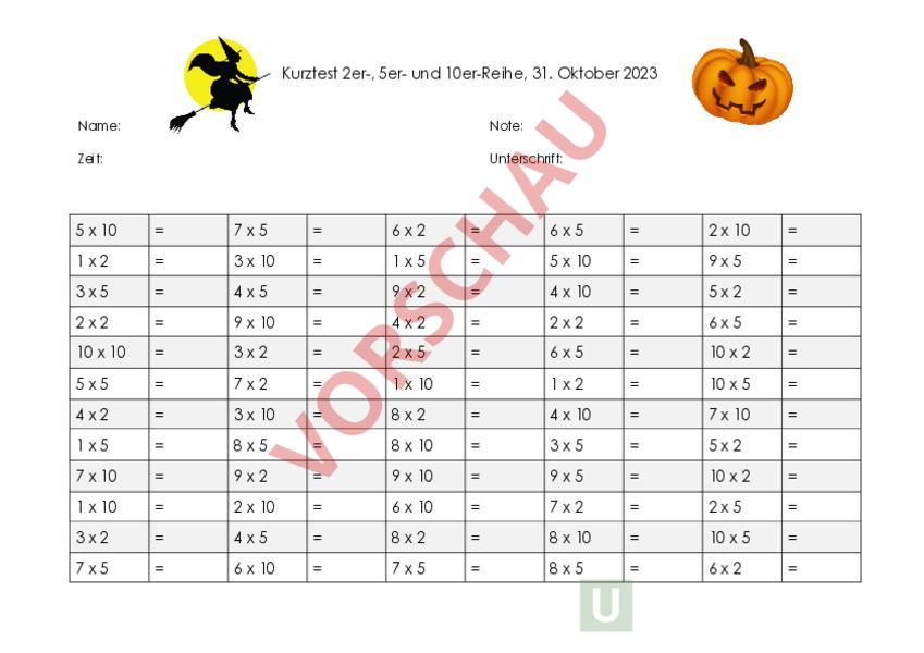 Arbeitsblatt: Kurztest 2 5 10 Reihe - Mathematik - Multiplikation