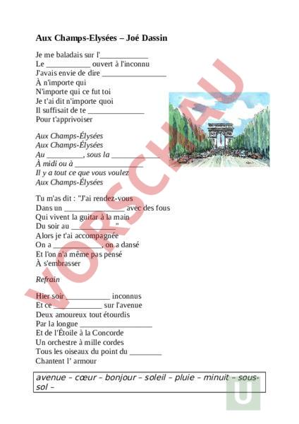 Arbeitsblatt: Chanson Champs Elysées - Französisch - Wortschatz