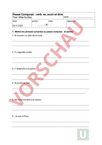 Arbeitsblatt: Passe Composé -er Verben Test - Französisch - Grammatik