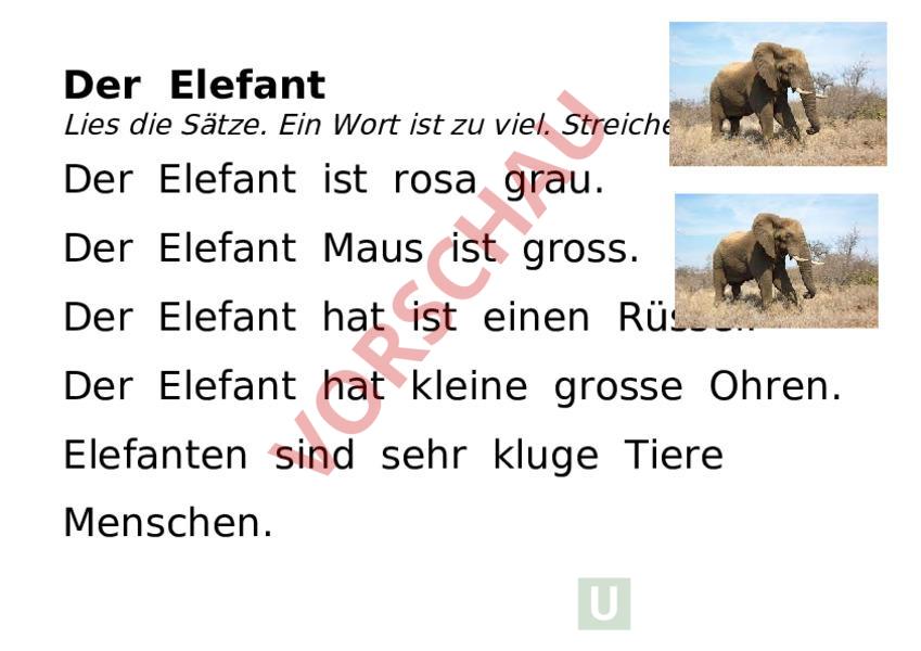 Arbeitsblatt: Der Elefant - Sätze lesen - Deutsch - Textverständnis