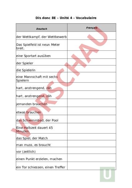 Arbeitsblatt: Dis donc 8E - U4 Vocabulaire - Französisch - Wortschatz