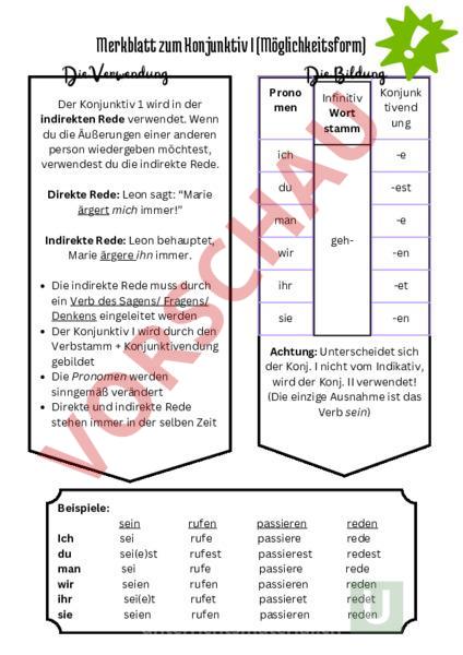 Arbeitsblatt: Merkblatt Konjunktiv + Aufgaben - Deutsch - Grammatik