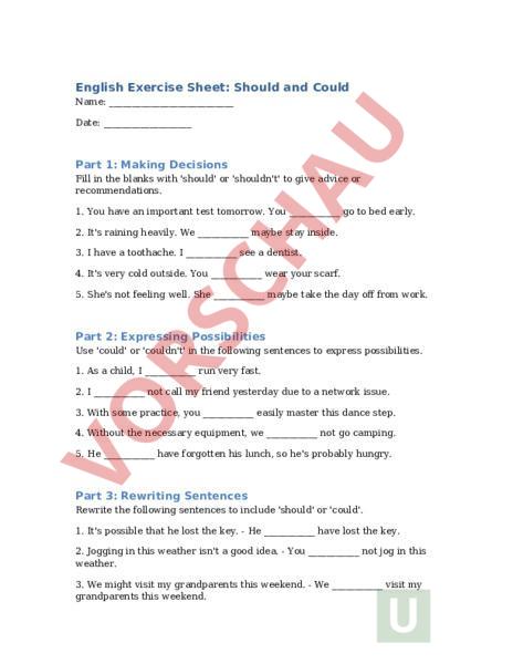Arbeitsblatt: Übungsblatt zu “Should” und “Could” - Englisch - Grammatik