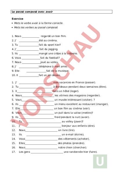 Arbeitsblatt: Übungsblatt passé composé mit avoir - Französisch - Grammatik