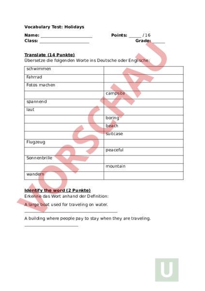 Arbeitsblatt: Holiday - Englisch - Wortschatz
