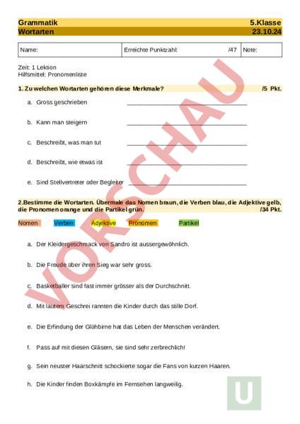 Arbeitsblatt: Wortarten 5.Klasse - Deutsch - Grammatik