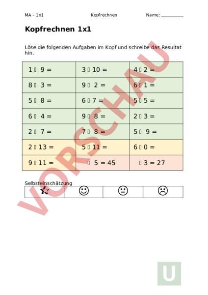 Arbeitsblatt: 1x1 - Mathematik - Multiplikation