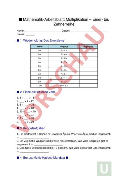 Arbeitsblatt: 1X1 Übungsblatt - Mathematik - Multiplikation